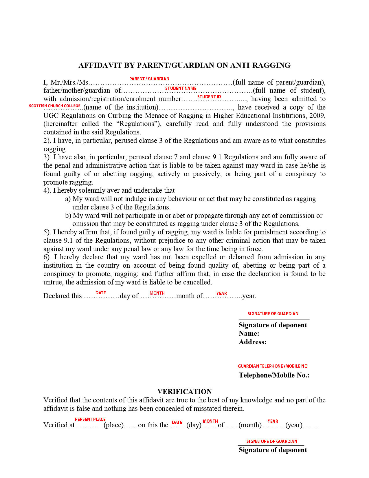 Scottish Church College: Submission of Anti-Ragging Affidavits for ...
